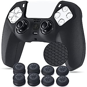 YoRHa Grip Texture Silicone Cover Skin Case for PS5 Dualsense Controller x 1(Black) with Pro Thumb Grips x 8