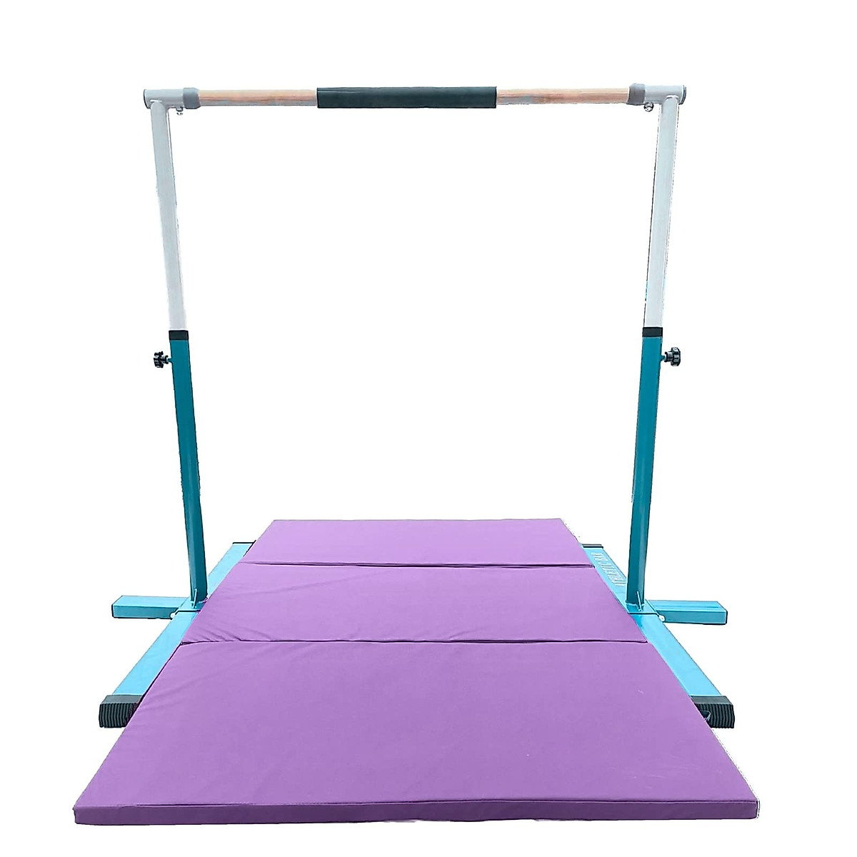 Athletic Bar Expandable Gymnastics Kip Bar 3 in 1 Set with 8 FT Adjustable Balance Tube, 6'x4' Mat for Kids, Horizontal Bar Junior Gymnastic Training Adjustable 3-5 FT Gymnast Asymmetric Bar Blue
