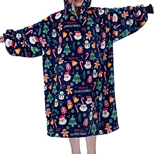 Easy-Going Oversized Flannel Wearable Blanket Hoodie for Adults, One Size Fits All, Christmas