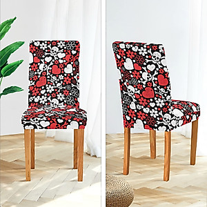 Red Skulls Flowers Hearts Dining Chair Covers Set of 2 Spandex Stretch Chair Slipcovers for Home Party Hotel Wedding