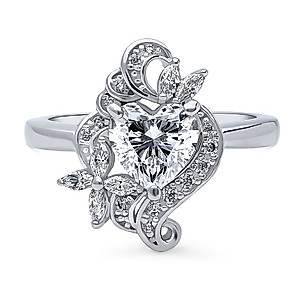 BERRICLE Sterling Silver Heart Cubic Zirconia CZ Flower Fashion Ring for Women, Rhodium Plated Size 7