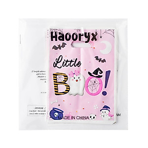 Haooryx 100Pcs Little Boo Party Favor Bags, Pink Little Boo Theme Plastic Candy Gift Bag Birthday Gift Warp Goodie Treat Bags for Halloween Party Kids Theme Birthday Baby Shower Party Favors Supplies
