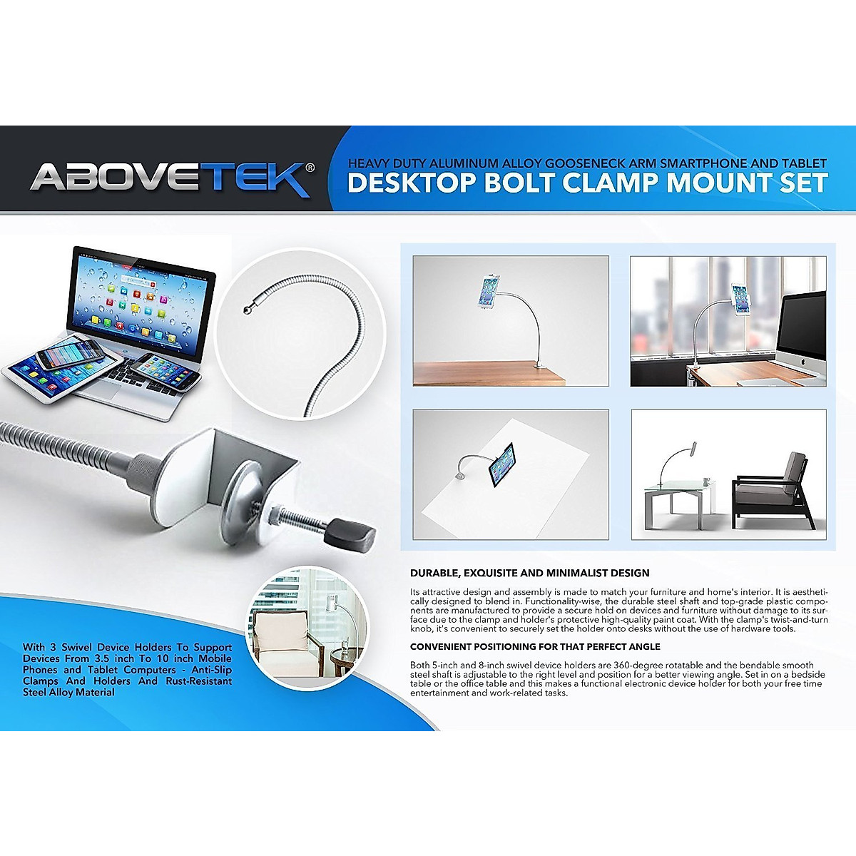 AboveTEK Gooseneck Tablet Holder, Aluminum iPad Stand Flexible Long Arm iPad Desk Mount for Bed Kitchen Office, Heavy Duty Tablet Mount Stand Compatible with iPad iPhone 6-13Pro, Fits for 3.5" - 11"