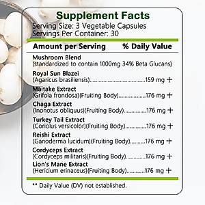 Salate Lion's Mane Supplement Organic Mushroom Extract for Memory and Focus, Concentration & Immune Support Brain Capsules with 100% Fruit Bodies & Extracts