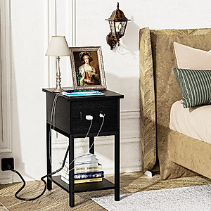 SZLHANJZ Narrow Nightstand, Small End Table with Charging Station, Bedside Table with Storage and Shelf for Small Spaces, 2 Tier Side Table for Living Room Bedroom, Black