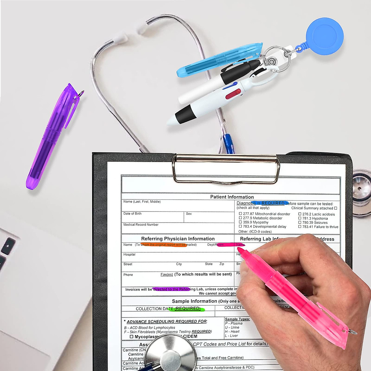 24 pieces Nurse pen set Nurse Pen Pack include 6 pieces Tip Highlighter 6 pieces Permanent Marker Pen And 6 pieces Retractable Ball Pen With 6 pieces Nurse Badge Clip Retractable ID Name Reels