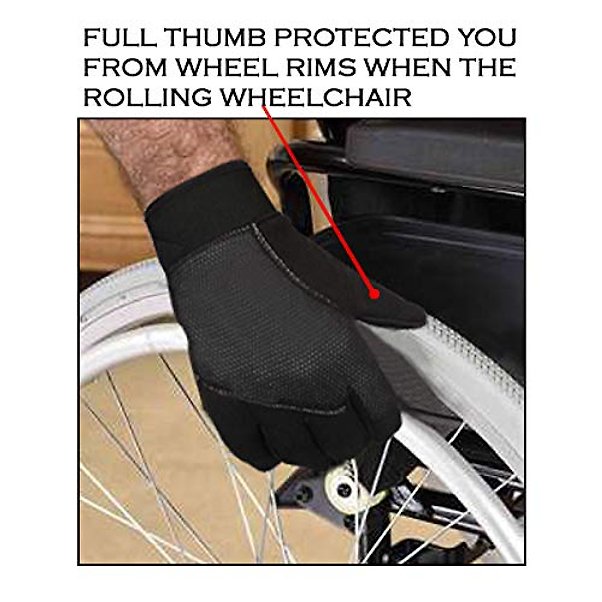 Rebz Wheelchair Gloves Disability Mobility Full Finger Breathable Non-Slip Material Good Grip Lightweight for Men and Women (Black, Large)