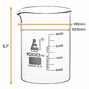 EISCO 6PK Beakers, 1000mL - Low Form with Spout - White, 100mL Graduations - Borosilicate Glass