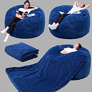 N&V Bean Bag Chair/Bed Transformable Giant with Washable Plush Velvet (Blue, Full)