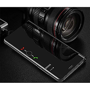 IMEIKONST for iPhone 15 Pro Case 6.1'',PU Mirror Flip Ultra Slim Cover Scratchproof Electroplate Clear View Window with Kickstand Full Body Protective Cover for iPhone 15 Pro,QH Mirror Black