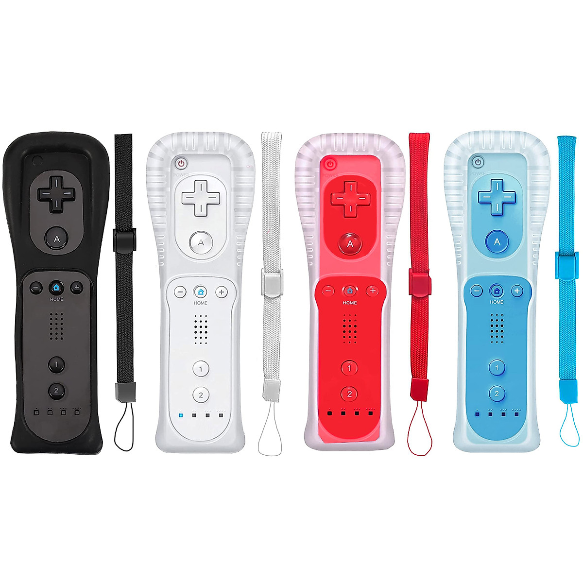 PGYFDAL 4 Packs Classic Remote Controller Compatible for Wii Wii U Console, Gamepad with Soft Silicone Sleeve and Wrist Strap (Black+White+Red+Blue)