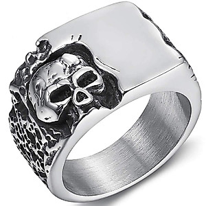 Jude Jewelers Antique Retro Vintage Style Stainless Steel Gothic Skull Signet Halloween Party Biker Ring (Silver, 9)