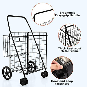 Goplus Folding Shopping Cart for Groceries, Upgraded Jumbo Grocery Cart with Waterproof Liner, 32 Gallon Capacity, 360° Rolling Swivel Wheels and Double Basket, Heavy Duty Foldable Utility Cart