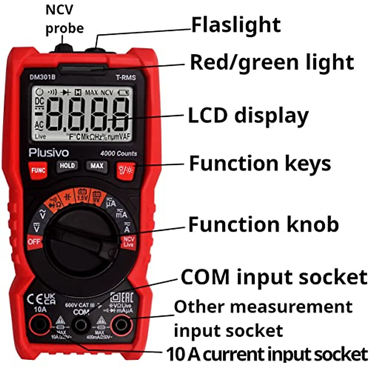 Multimeter 4000 Counts Digital Multimeter TRMS Auto-Ranging AC DC Voltmeter Ohm Volt Amp Tester NCV Live Test; Measures Voltage, Current, Resistance, Continuity with Set of Test Probes, Wire Stripper