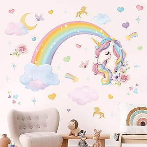 wondever Rainbow Wall Stickers Unicorn Clouds Peel and Stick Wall Art Decals for Girls Bedroom Kids Room Baby Nursery