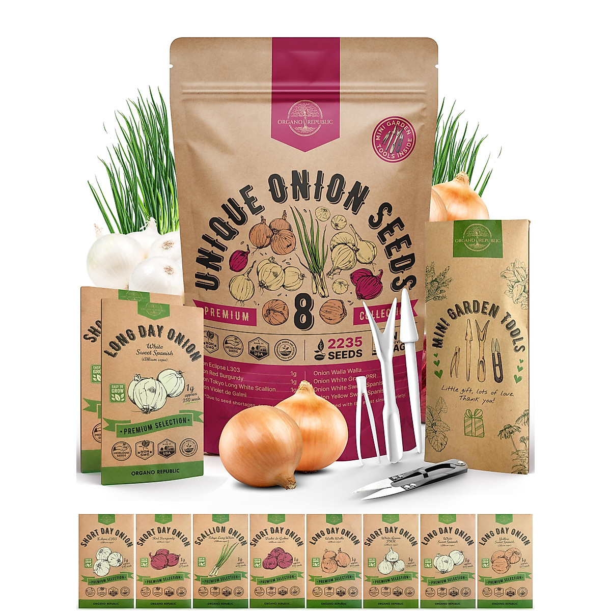 Organo Republic 8 Onion Seeds Variety Pack Heirloom, Non-GMO, Sets for Indoors, Outdoors Gardening. 2200+ Seeds: Walla Walla, Green Onion, Red Burgundy, White & Yellow Sweet Spanish Onions