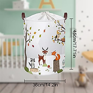 Clastyle 45L Woodland Animals Laundry Basket Collapsible Waterproof Forest Fox Storage Basket with Handle Kids Room Jungle Deer Laundry Hamper with Drawstring, 14 * 17.7 in