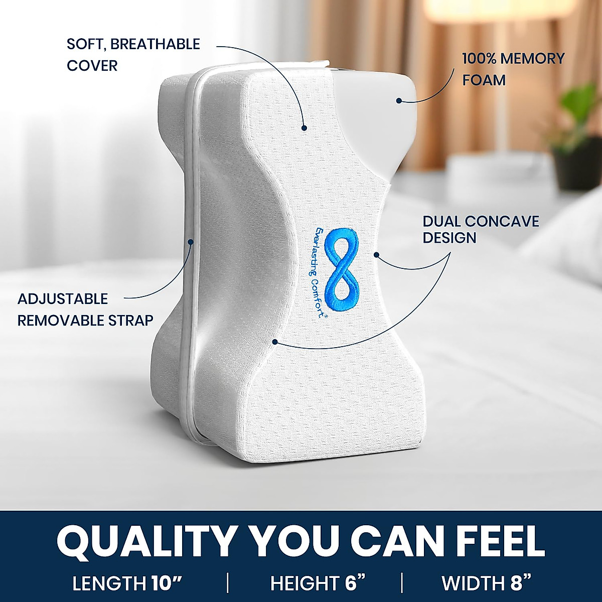 Everlasting Comfort Knee Pillow for Side Sleepers - Contour Knee Wedge Pillow for Between Legs Aligns Spine & Relieves Pressure - Leg Pillow for Sleeping w/ Strap for Back Pain, Hip Pain, Knee Pain