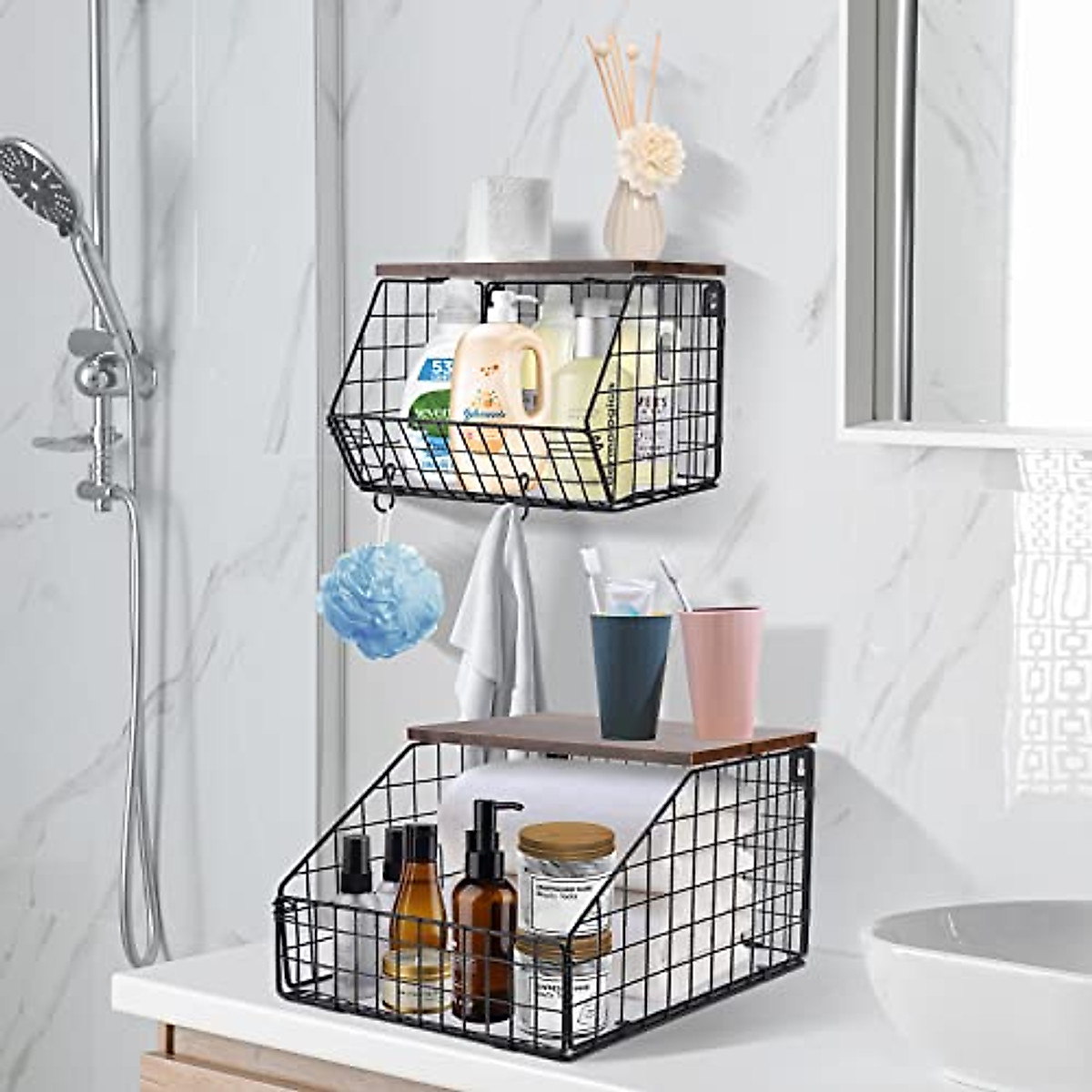Mefirt Fruit Basket, Enlarged 2-Tier Kitchen Organization Wire Basket with Wood Lid, Stackable Wall-mounted & Countertop Tiered Storage Baskets for Potato Storage, Onion Storage, Snack Onganizer etc