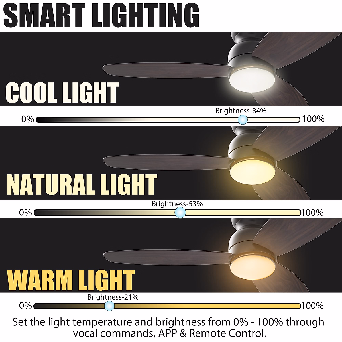 CEME 52" Black Smart Flush Mount Ceiling Fan with Lights, 10 Speeds, 3 Dimmable Light Colors, Alexa & Siri Compatible