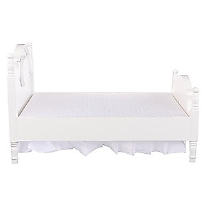 Dollhouse Furniture Queen Bed Set, Mini Bedroom Accessories for 12 inch Dolls, Grey Bedding, White Wooden Frame, 1/6 Scale