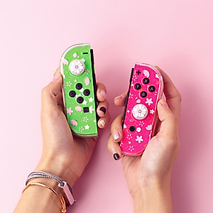 FANPL Glitter Clear Case for Nintendo Switch, Hard Shell Cute Protective Case Cover for Switch and Joy Con Controller with 2 Glitter Cherry Blossoms Thumb Grips - Embossed Feel (Pink Sakura Snow)