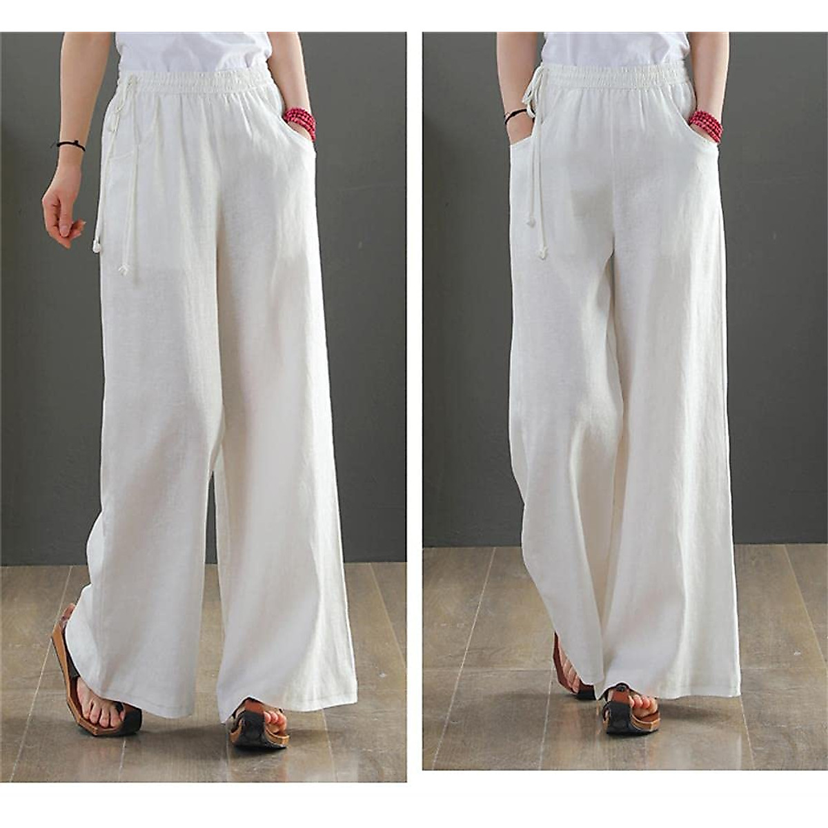 Les umes Women's Casual Wide Leg Linen Pants High Waist Drawsting Loose Palazzo Pants Beach Trousers White XL