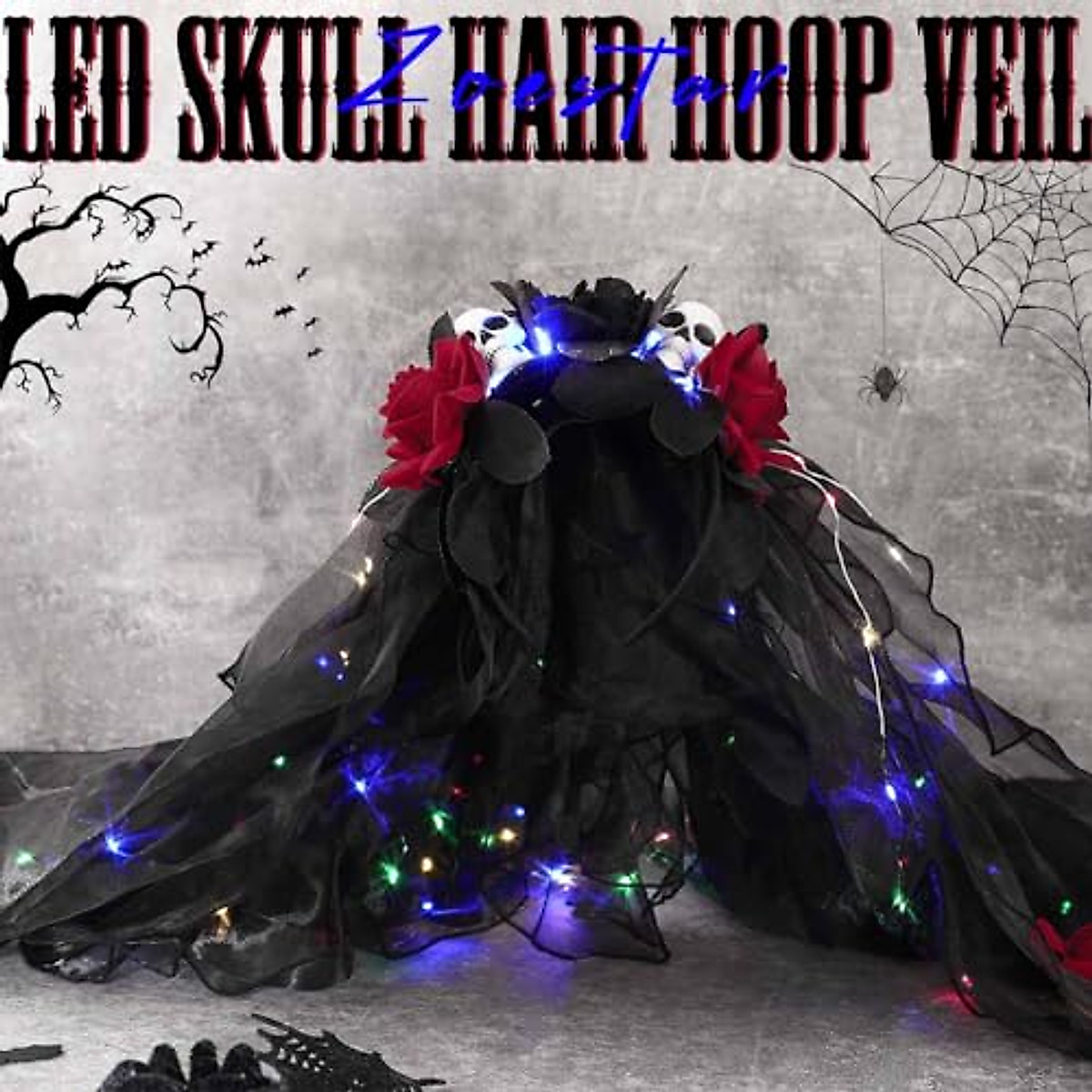Zoestar Light Up Day of the Dead Headband Flower Halloween Costume Hair Bands Skull Veil Hair Accessory Women