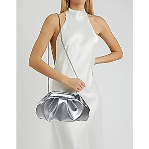 expouch Women Cloud Bag Slouchy Clutch Ruched Purse Weave Embossed with Gold Chain Shoulder Bag (Silver)