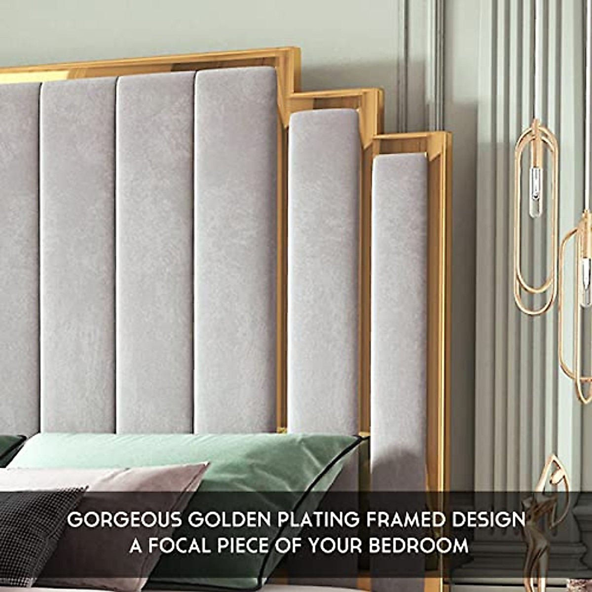 HOWE Queen Size Bed Frame and 61" Headboard, Upholstered Bed with Golden Plating Trim, Modern Platform Bed No Box Spring Needed, Light Grey