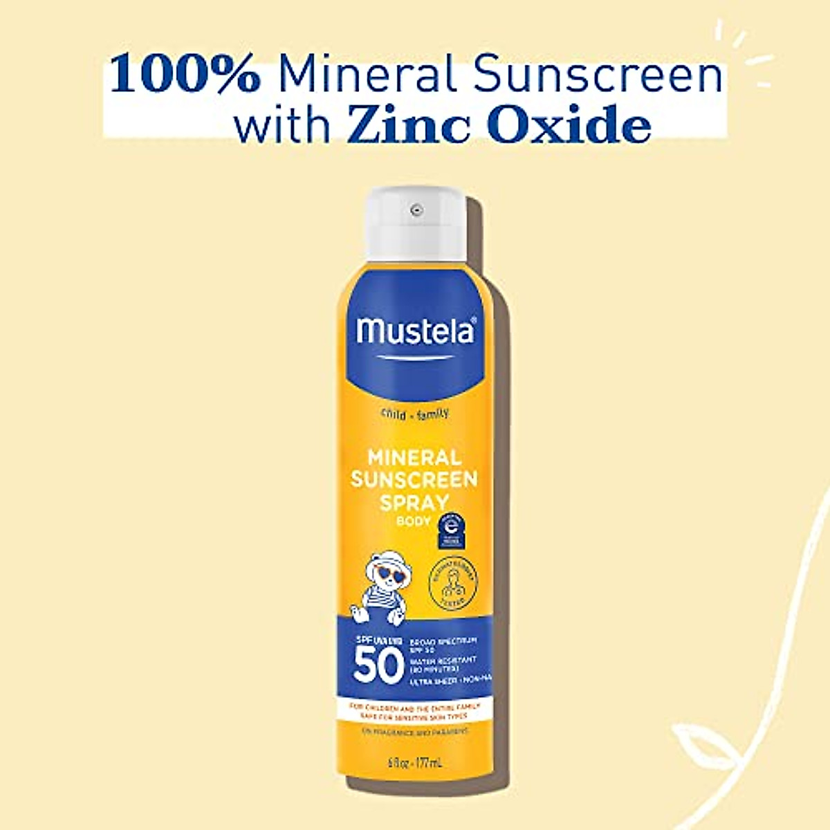 Mustela Baby Mineral Sunscreen Spray SPF 50 Broad Spectrum - Body Sun Spray for Sensitive Skin - Water Resistant & Fragrance Free - 6 fl.oz.