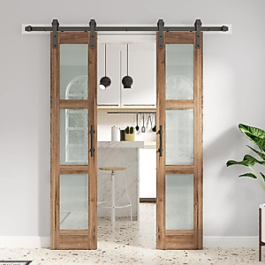 FREDBECK Double 18 x 84 inch Glass Barn Doors 36inch Barn Door with 6.6FT Hardware Kit & Handle Included,3-Panel Frosted Glass,LVL Wood Panel,Water-Proof PVC Surface,Pre-Drilled Holes,Need Assembly
