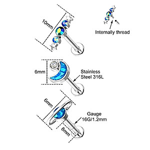 Melighting Labret Jewelry Internally Threaded 16G Blue Glitter Planet Labret Stud Stainless Steel 316L Moon Helix Earrings Star Tragus Conch Piercing Jewelry for Women