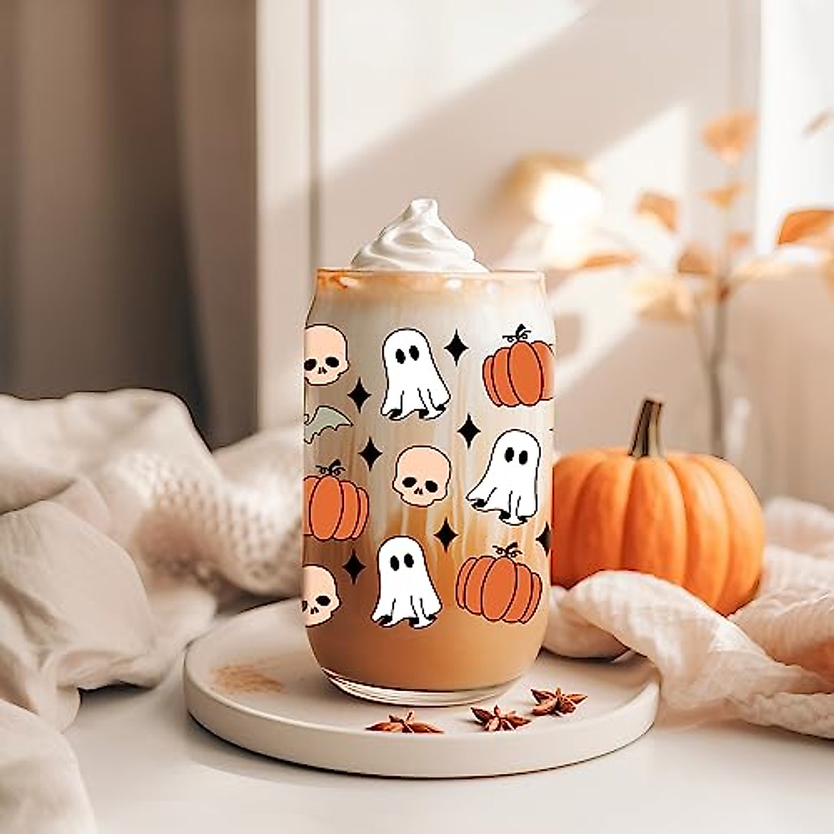 Coolife Halloween Pumpkin Ghost Skull Cups - 16 oz Pumpkins Fall Cup Mug, Can Shaped Tumbler Glass Cups w/Bamboo Lids Straws, Halloween Spooky Cups for Iced Coffee Smoothie, Goth Spooky Gifts for Her