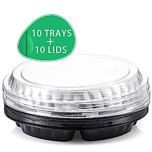 Patelai 10 pcs Plastic Veggie Tray with lid Fruit Trays Round Disposable Appetizer Serving Trays with 6 Divided Compartment for Vegetable Salad Food Snack Serving Platter