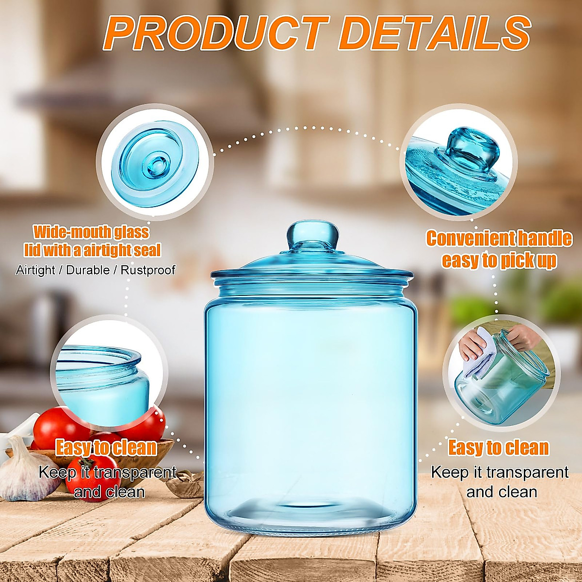 Tioncy 2 Pcs 1 Gallon Cookie Jar Glass Jars Apothecary Storage Glass Containers with Lids Large Clear Airtight Glass Canisters with Labels for Kitchen Laundry for Cookie Candy Sugar Flour (Blue)
