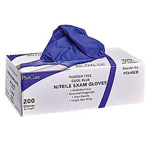 ProCure Disposable Nitrile Gloves Medium, 200 Count - Powder Free, Rubber Latex Free, Medical Exam Grade, Non Sterile, Ambidextrous - Soft with Textured Tips - Cool Blue