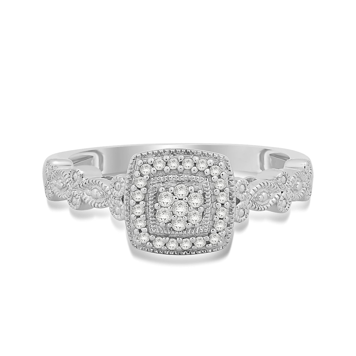 Jewelili Sterling Silver 1/10 Cttw Natural White Round Diamond Engagement Ring, Size 7