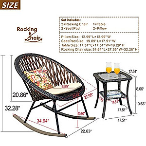 XIZZI Bistro Set Outdoor 3 Pieces Rocking Chair Patio Furniture with Glass Table and 2 Pillows,Beige