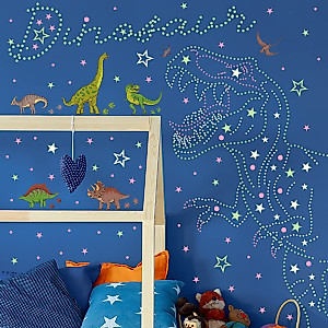 Buiory 925pcs Glow in the Dark Dinosaur Wall Decals Removable DIY Glowing Blue Green Yellow Stars and Dots Wall Stickers PVC Peel and Stick Fluorescent Luminous Wall Decor for Kids Bedroom Baby Boys