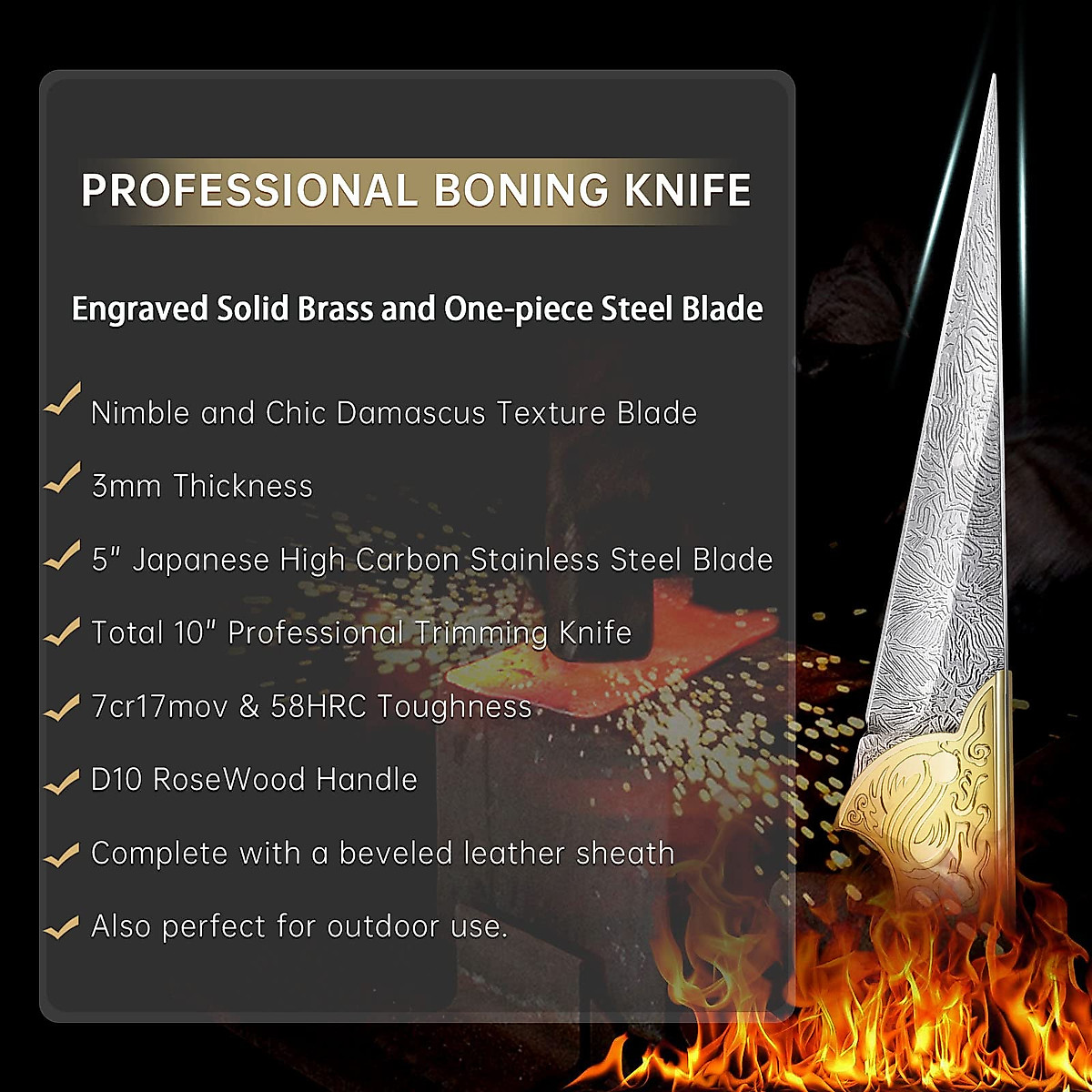 Purple Dragon Fish Fillet Knife 5" Razor Sharp Blade Japanese Premium Steel, Brisket Trimming Knives for Filleting and Boning,Wooden Handle,with Protective Sheath, Gift Idea