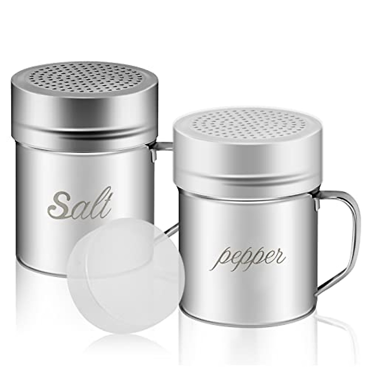 ZERUIDM Stainless Steel Salt and Pepper Shakers Set, 10 OZ Seasoning Spice Shaker with Lid and Handle 127 Holes, Metal Dredge Shaker for Powder Sugar Cooking Kitchen Baking (2 Pieces)