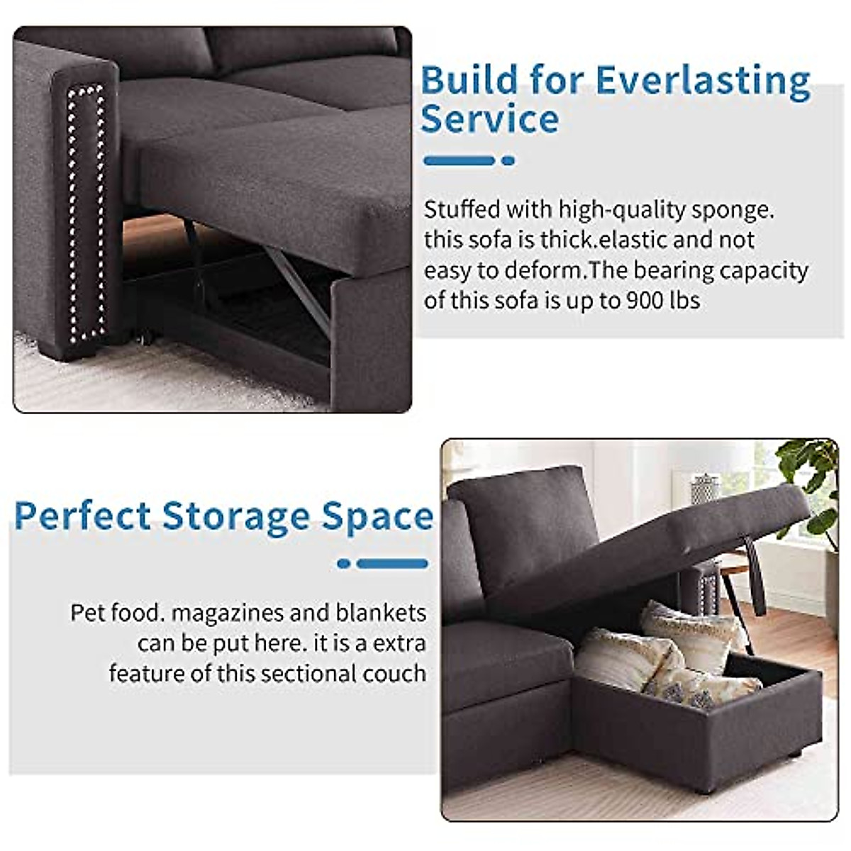 Tulib Reversible Sectional Sleeper Sofa with Storage Chaise, L-Shape 3 Seat Velvet Corner Couch with Pulled Out Bed, for Living Room, Office, 83 Dark Gray