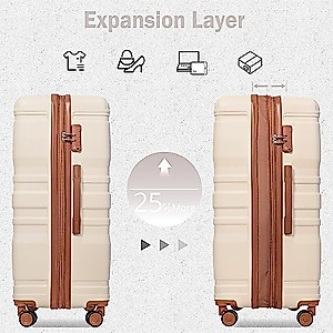 Merax Luggage Sets 3 Piece Suitcase, Hardside Suit case with Spinner Wheels Lightweight TSA Lock, Ivory/Brown, 20/24/28 Inch