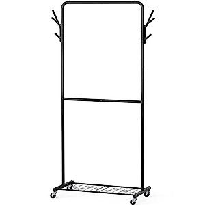 Simple Houseware Double Rod Garment Rack With Wheels and Hooks, Black