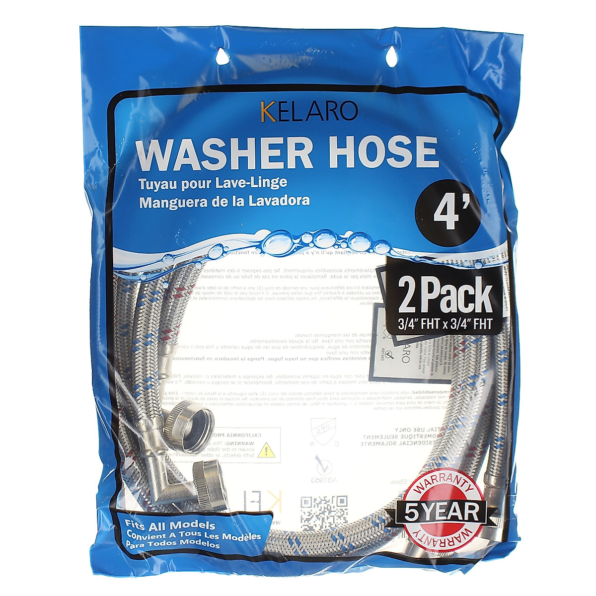 Premium Stainless Steel Washing Machine Hoses with 90 Degree Elbow, 4 Ft Burst Proof (2 Pack) Red and Blue Water Connection Inlet Supply Lines by Kelaro