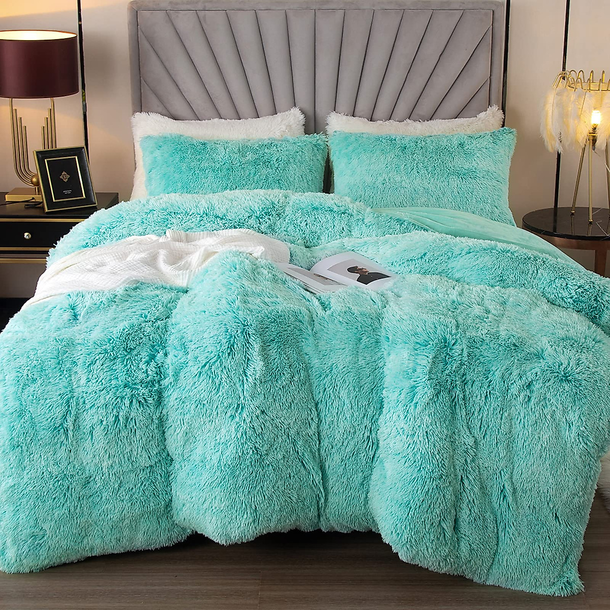 EMME Plush Shaggy Duvet Cover Set Twin Size Fluffy Fuzzy Comforter Cover Set for Twin Bed 2 Pieces Luxury Soft Bedding Duvet Covers (Aqua, Twin)
