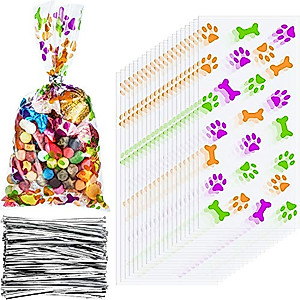 Maitys 100 Pieces Paw Bone Print Treat Bags Cellophane Clear Food Bags with 200 Pieces Twist Ties for Candies Chocolate Cookies Dessert Snacks (Colorful)