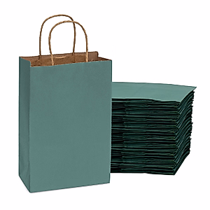 Prime Line Packaging 6x3x9 50 Pack Green Small Gift Bags with Handles, Kraft Colored Paper Bags, Recycled Bags, Items for Wedding Welcome Bags, Bulk
