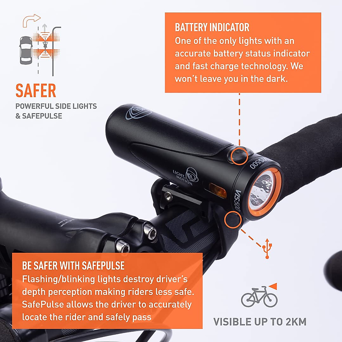 Light & Motion Vis 500, Light up The Road or Trail with a Bright 500 lumens, or Switch to SafePulse for Maximum Daytime Safety. A Strong Performer with Great Value, Light Weight, and Reliability